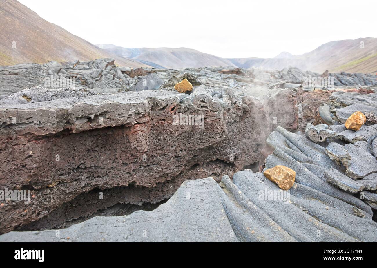 Closeup of the new lavafield of the volcano eruption at Fagradalsfjall ...