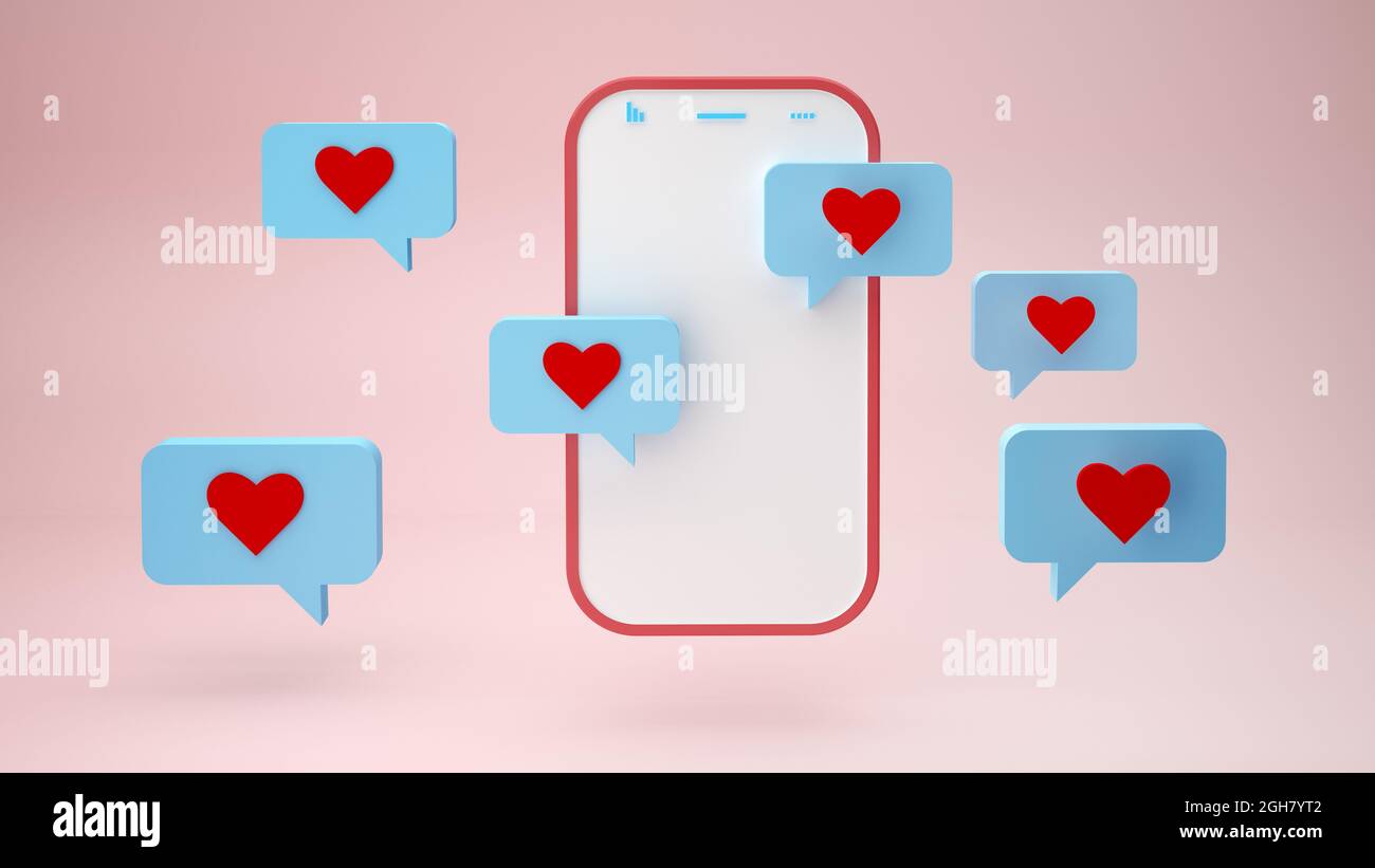 Smartphone and heart sign notification bubbles on pink background 3d ...