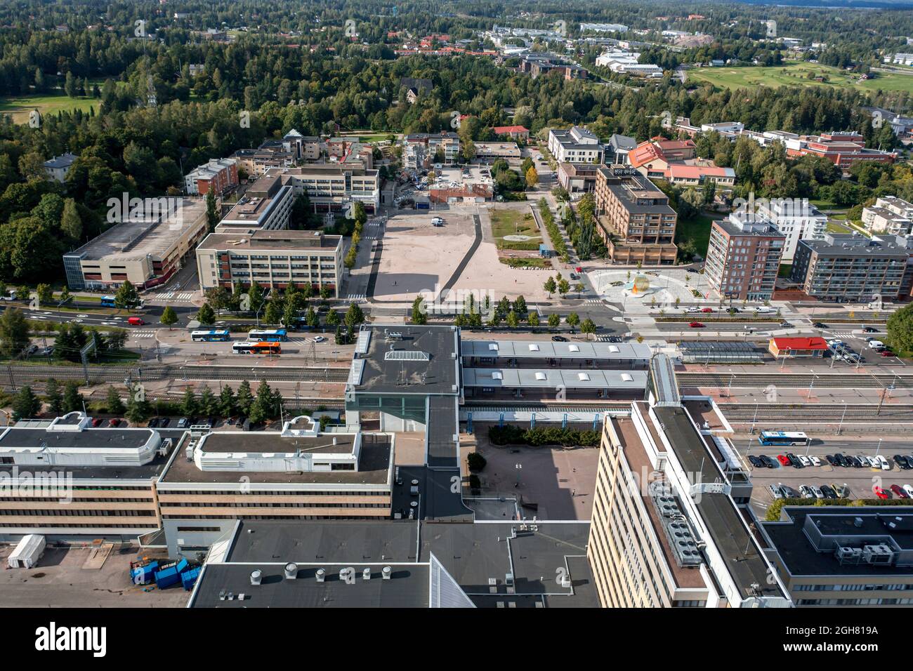 Aerial view of the Espoo Center neighborhood and Espoon Keskus Railway ...