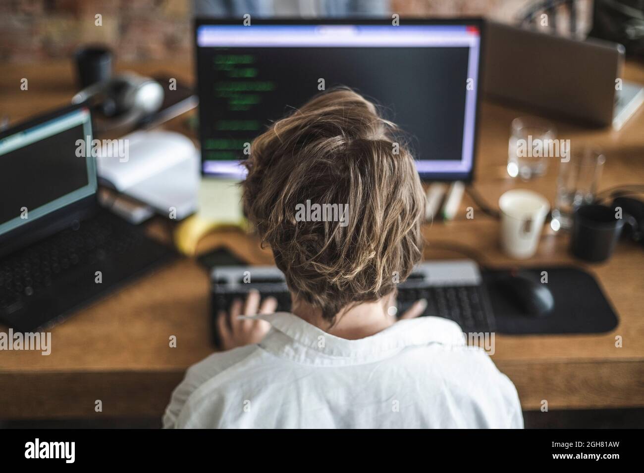 Rear view of female programmer coding on computer in office Stock Photo ...
