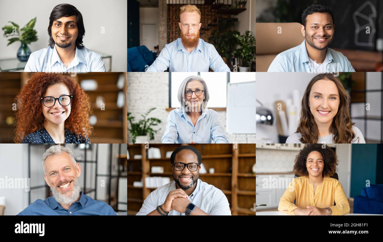 Conference call, shared screen, portraits of diverse employees. Crowded ...