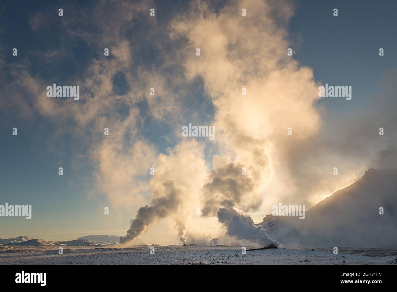 Geothermal location with fumaroles emitting sulfuric gas and bubbling ...