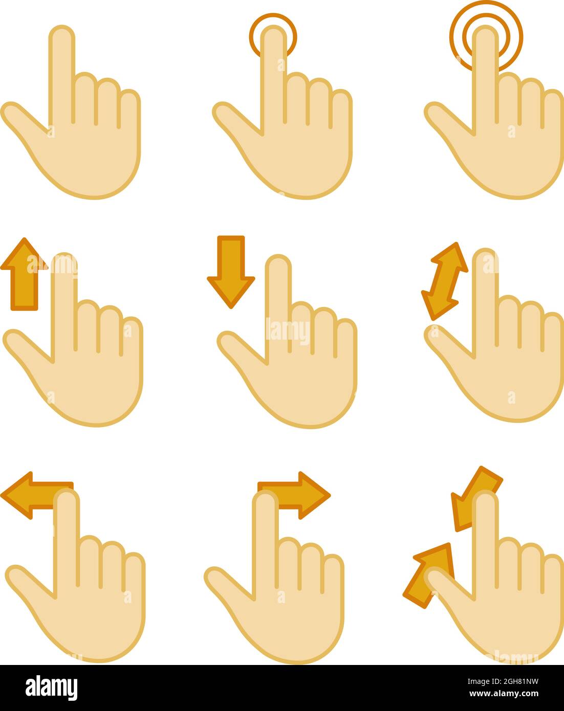 Colorful cartoon hand movement icons for mobile. Touch screen common ...
