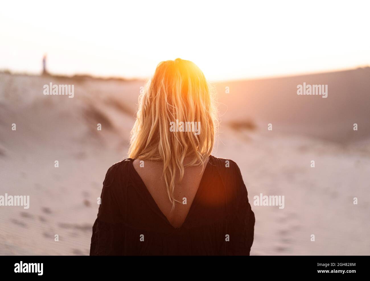 rear view sunset portrait of Caucasian blonde young beautiful woman in ...