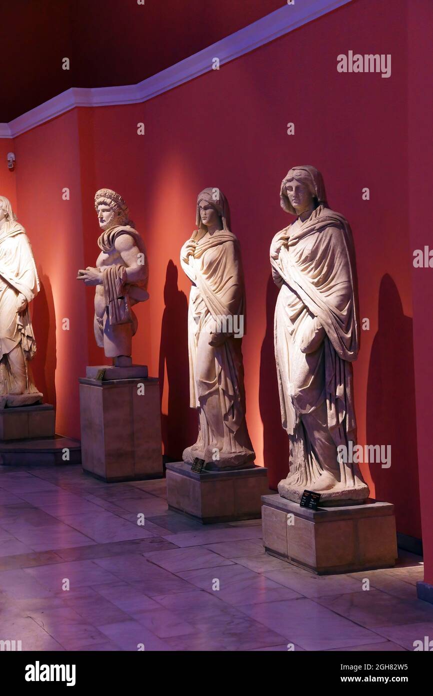ANTALYA, TURKEY - Jul 17, 2014: A vertical shot of the statues of Greek ...