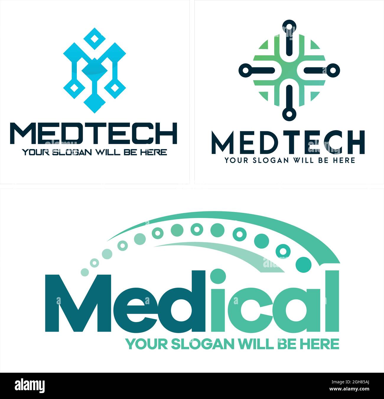 Medical logo with tech circuit tech and spine green blue vector ...