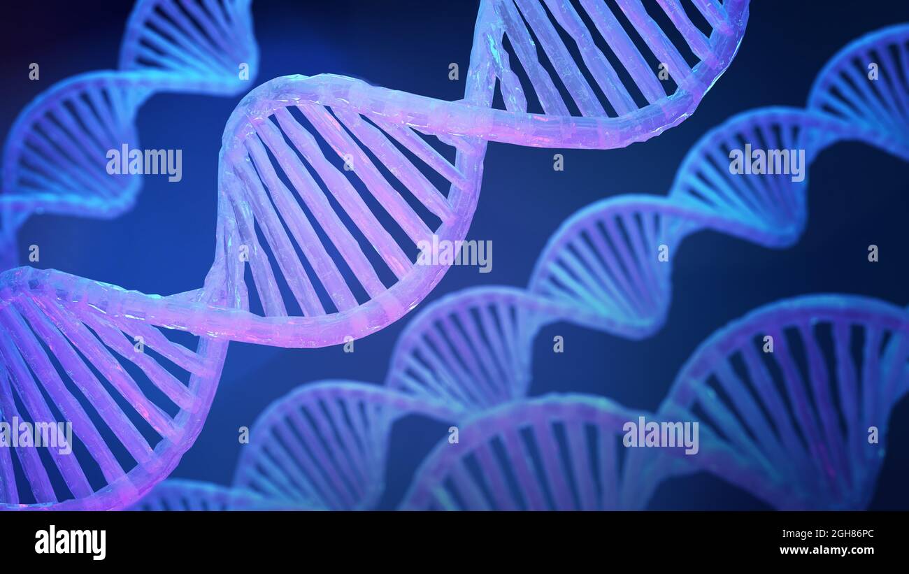 Blue DNA structure of blue light on dark background 3D illustration ...