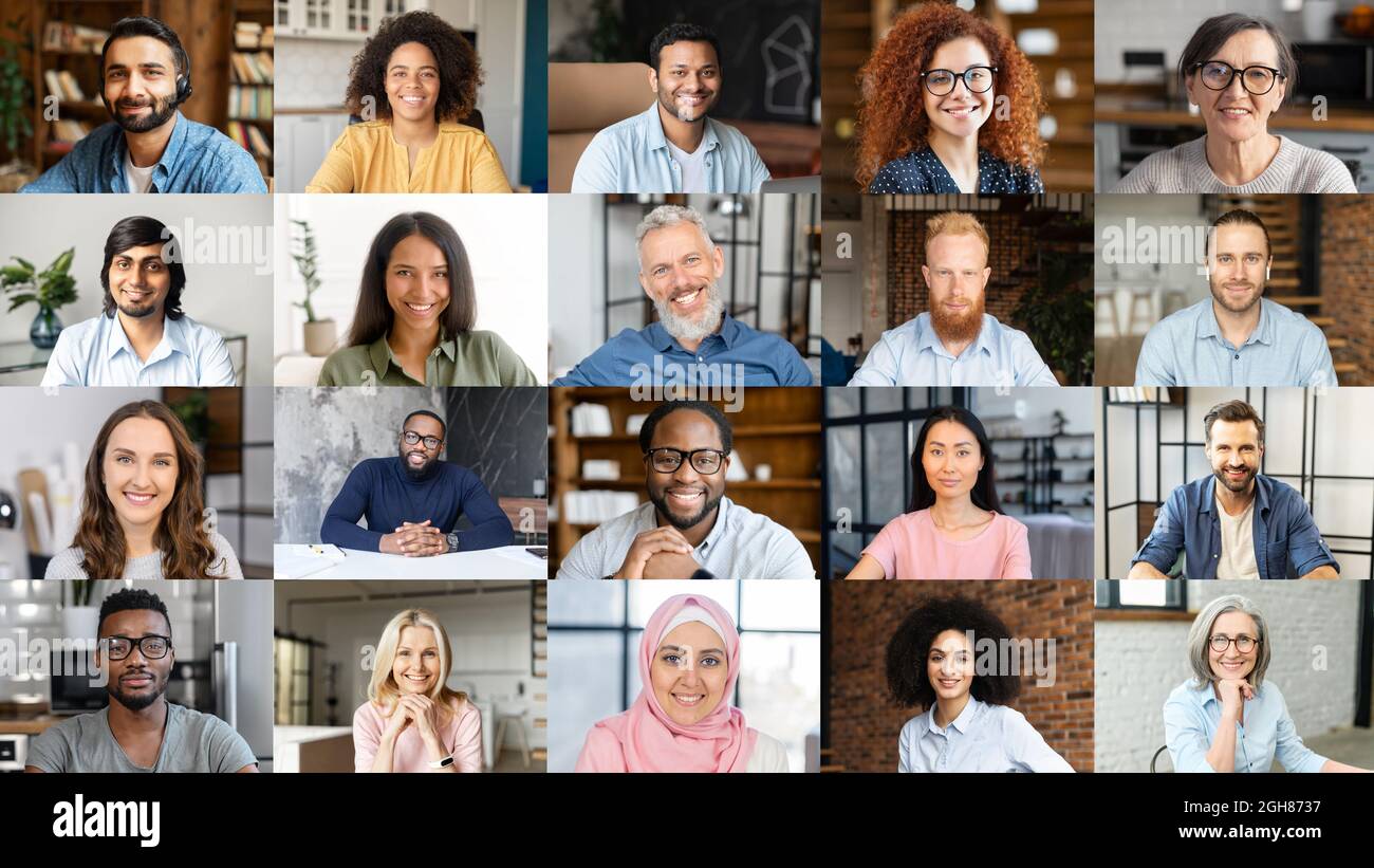Conference call, shared screen, portraits of diverse employees. Crowded ...