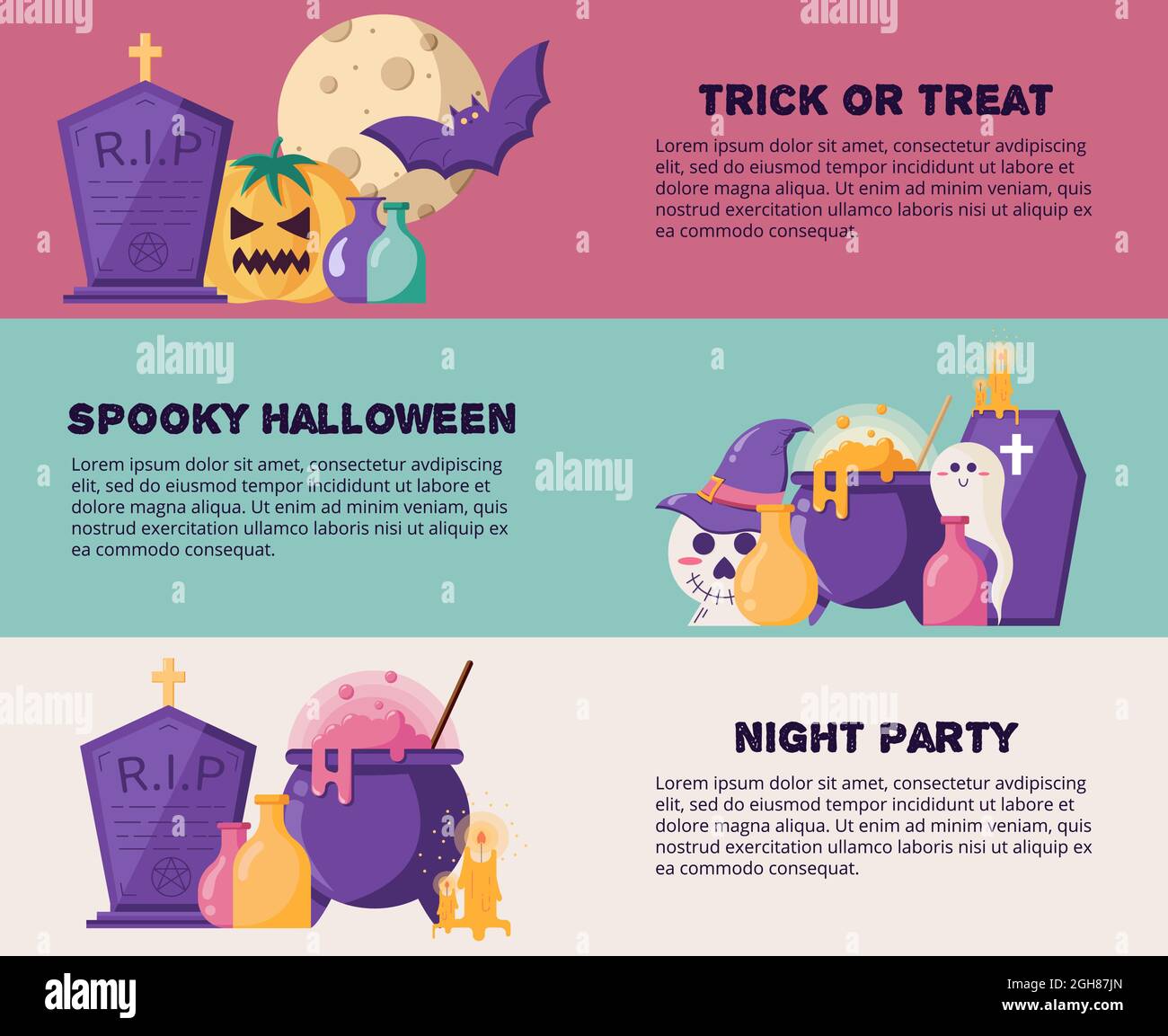 Halloween Web Horizontal Banners in a flat style. Vector Illustration ...
