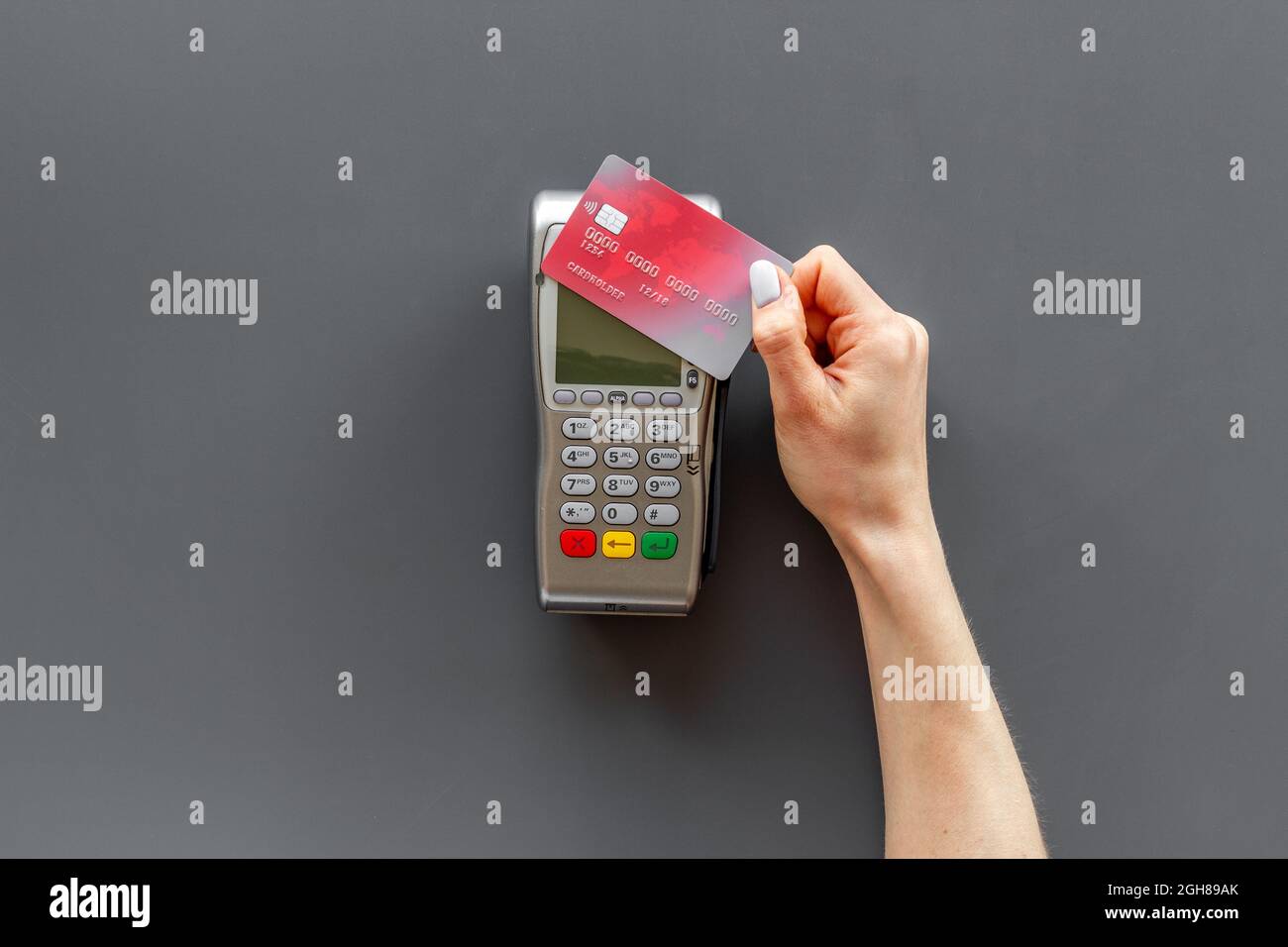 Hand paying by card with pos payment terminal. Payment transactions ...