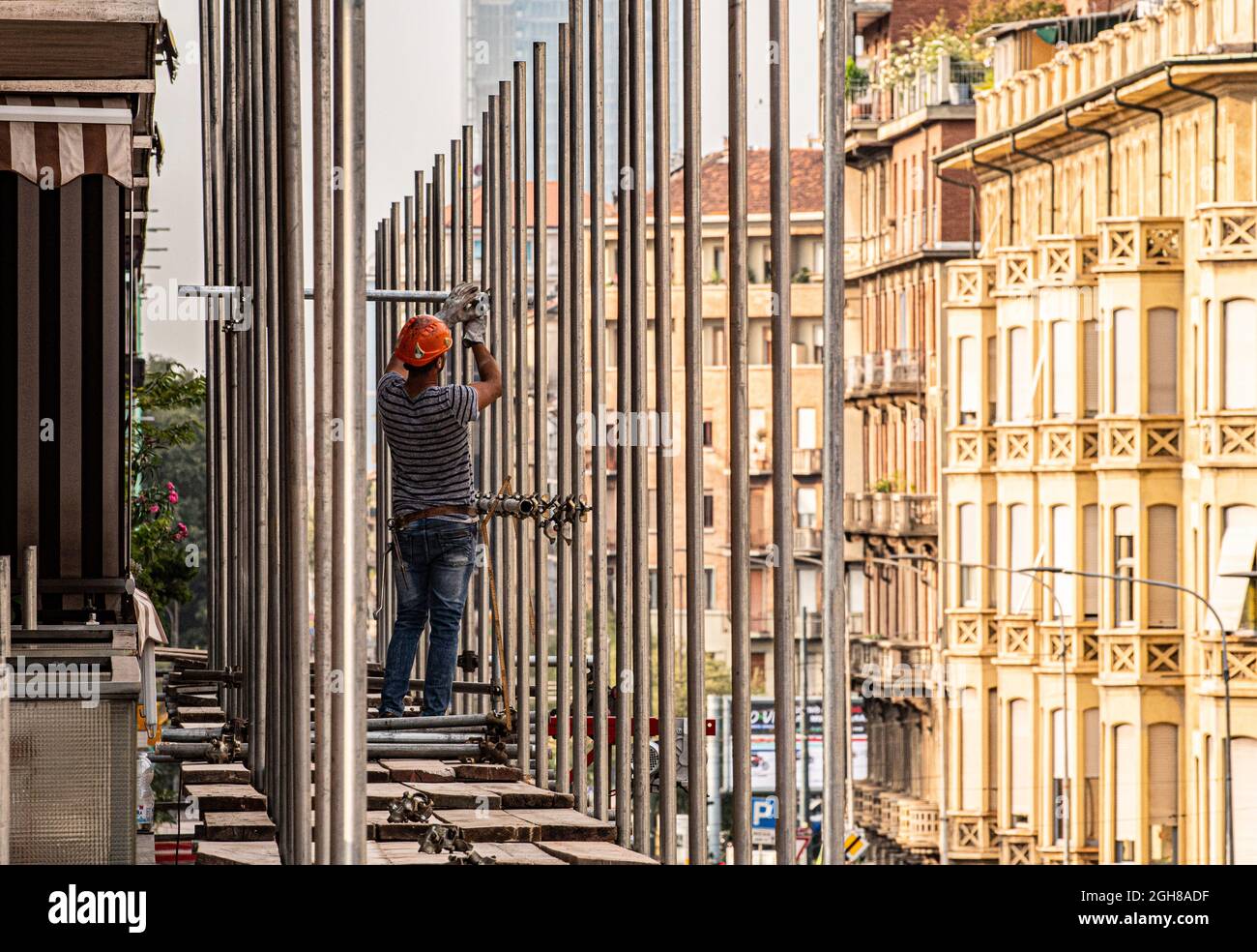 Italy Piedmont Turin building facade restoration construction work in ...