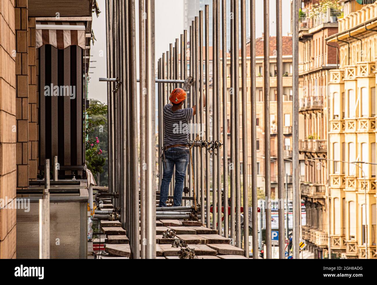 Italy Piedmont Turin building facade restoration construction work in ...