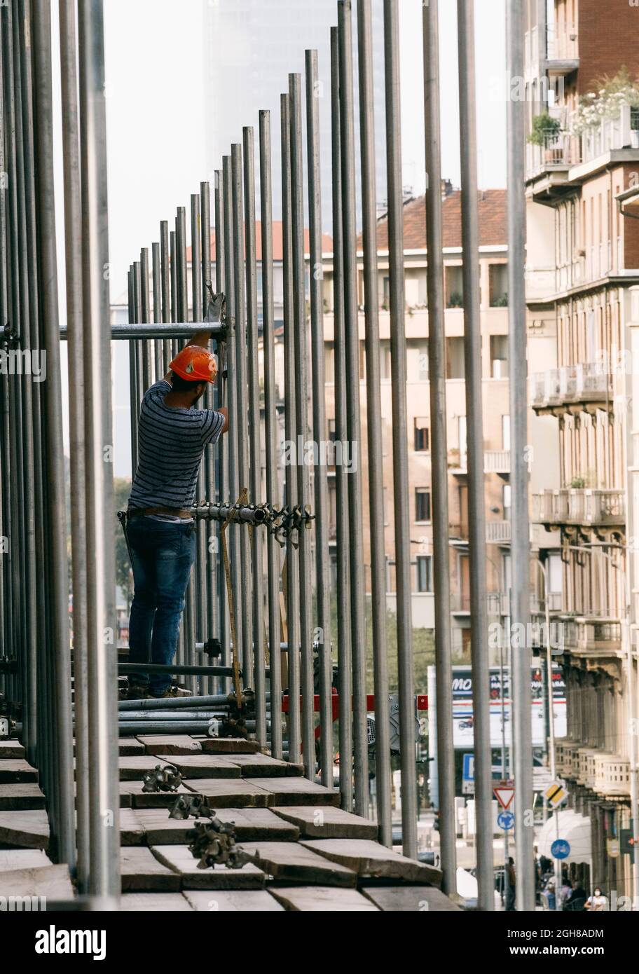 Italy Piedmont Turin building facade restoration construction work in ...
