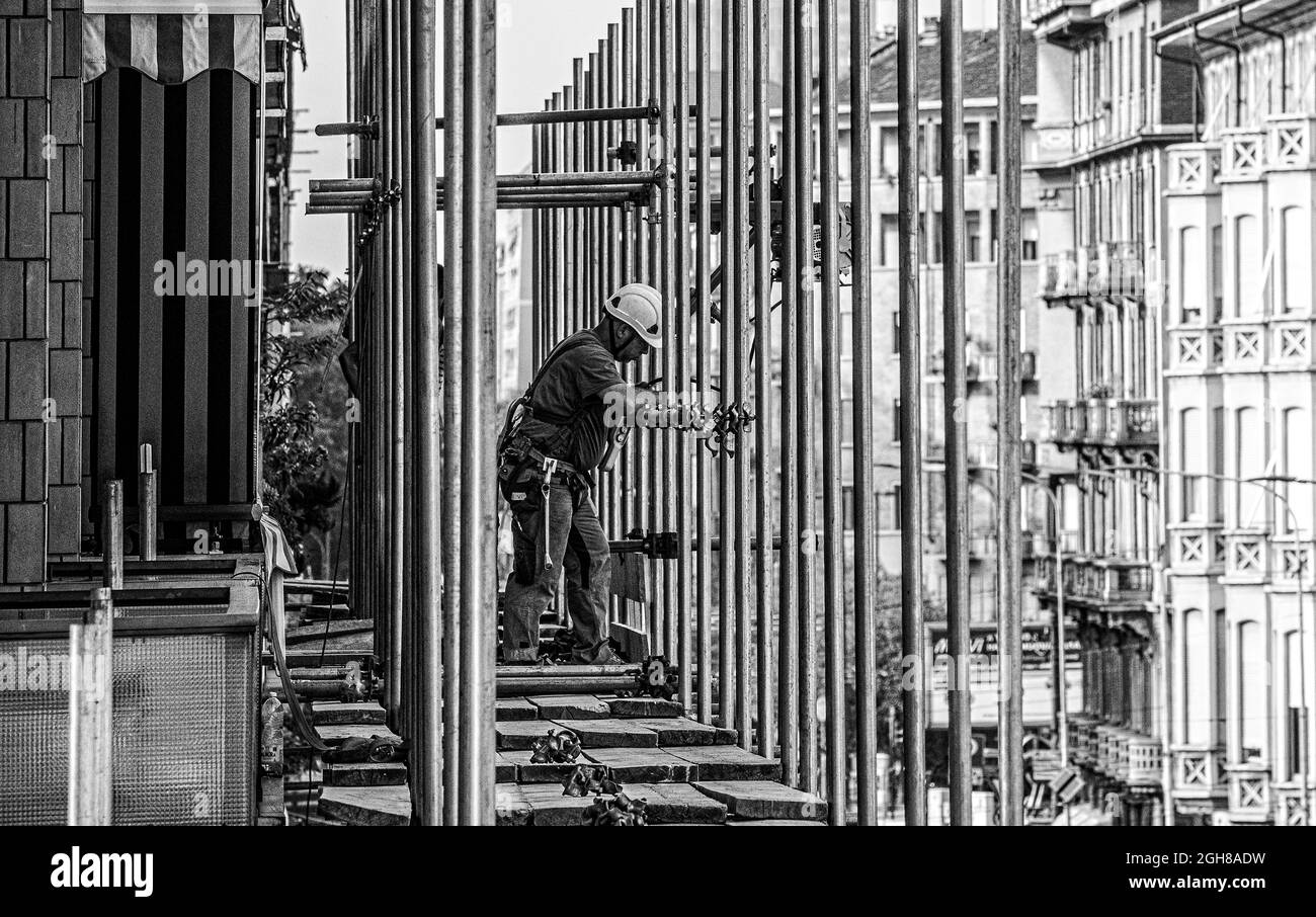 Italy Piedmont Turin building facade restoration construction work in ...