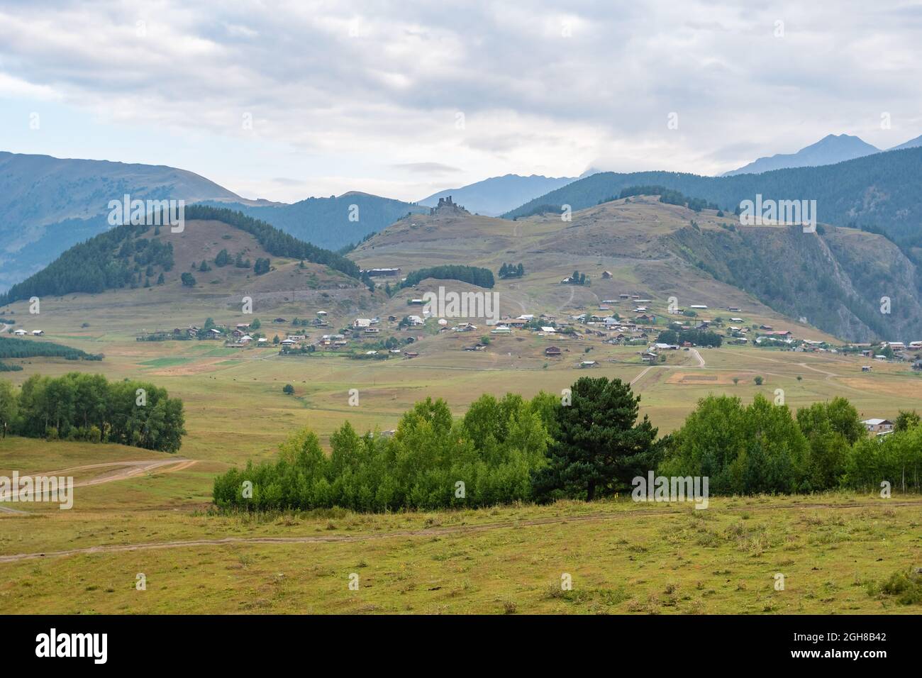 Panoramic view to Omalo mountain village in Tusheti nature reserve ...