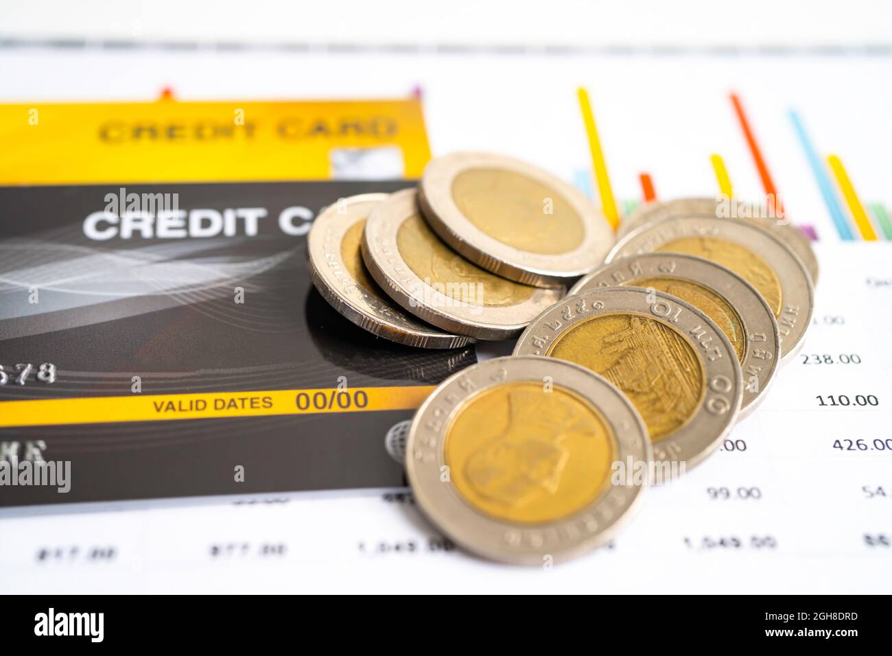 Credit card model and coins with shopping cart box, Financial ...