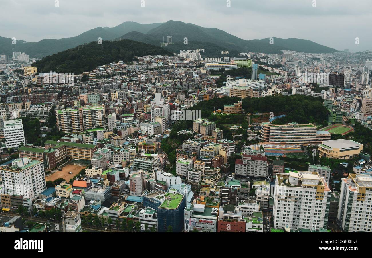 Busan, South Korea - Sep 18, 2016. Aerial view of downtown on coast in ...