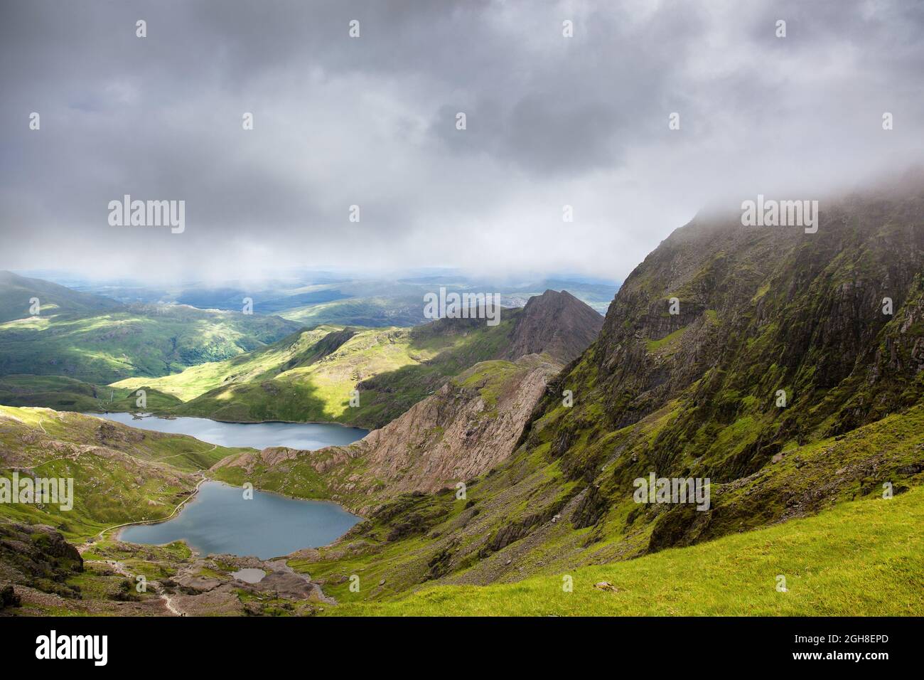 A panoramic view of the mountains and lakes of Snowdonia, North Wales ...