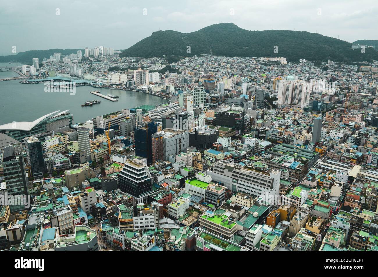 Busan, South Korea - Sep 18, 2016. Aerial view of downtown on coast in ...