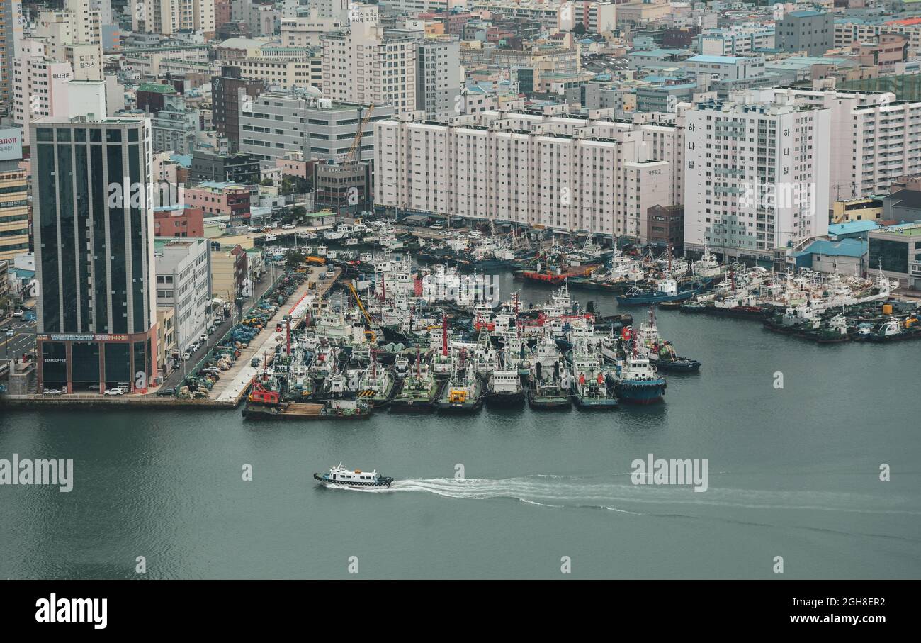 Busan, South Korea - Sep 18, 2016. Aerial view of downtown on coast in ...