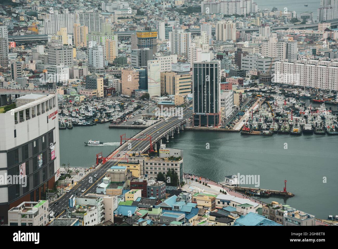 Busan, South Korea - Sep 18, 2016. Aerial view of downtown on coast in ...