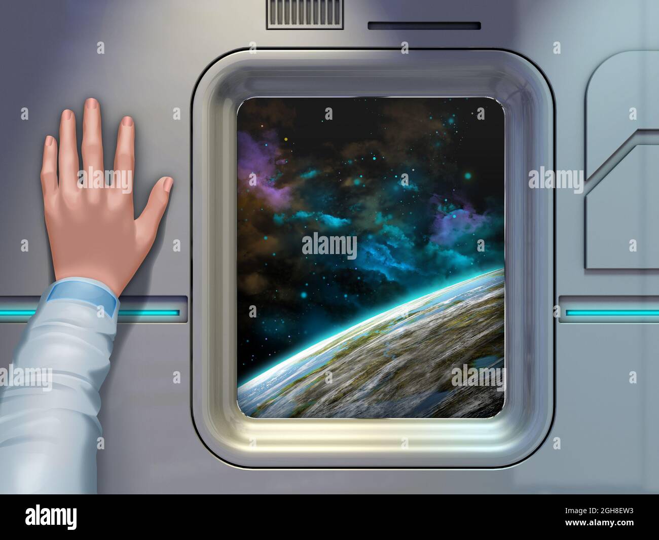 Space explorer looking through a spaceship window. 3D illustration ...