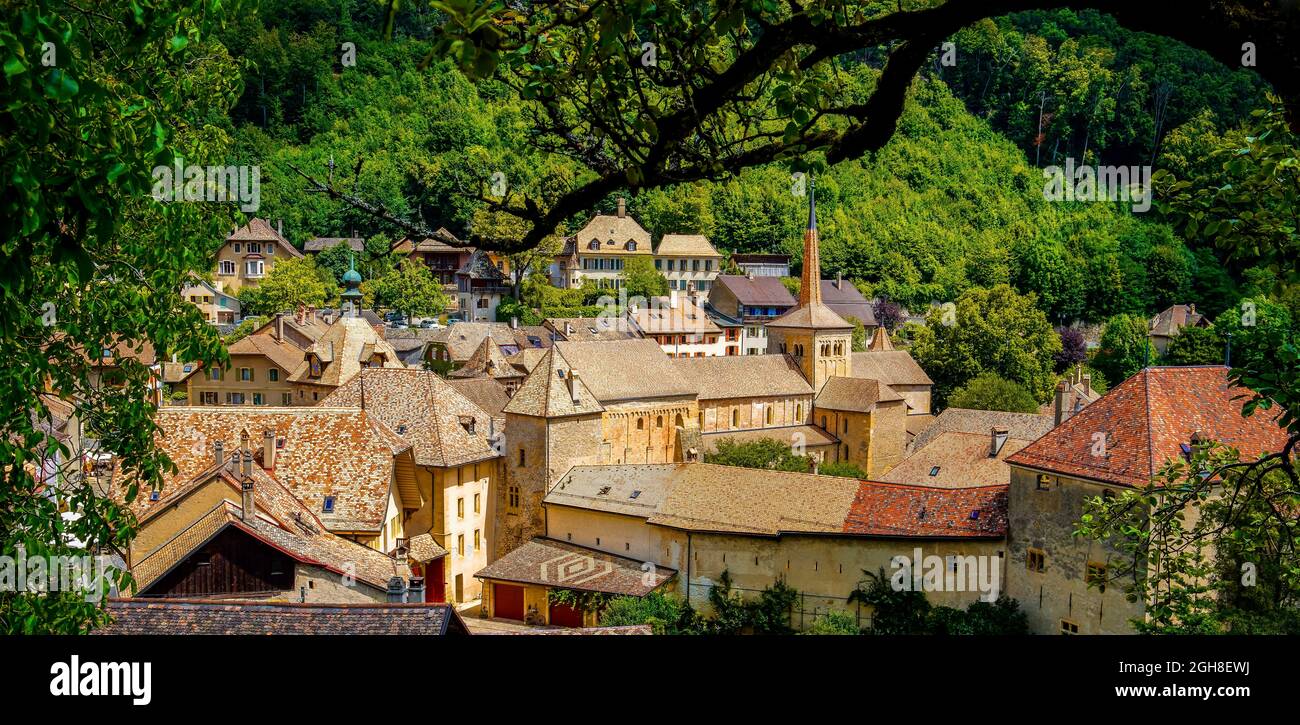 Panoramic view of Romanesque collegiate church in medieval town ...