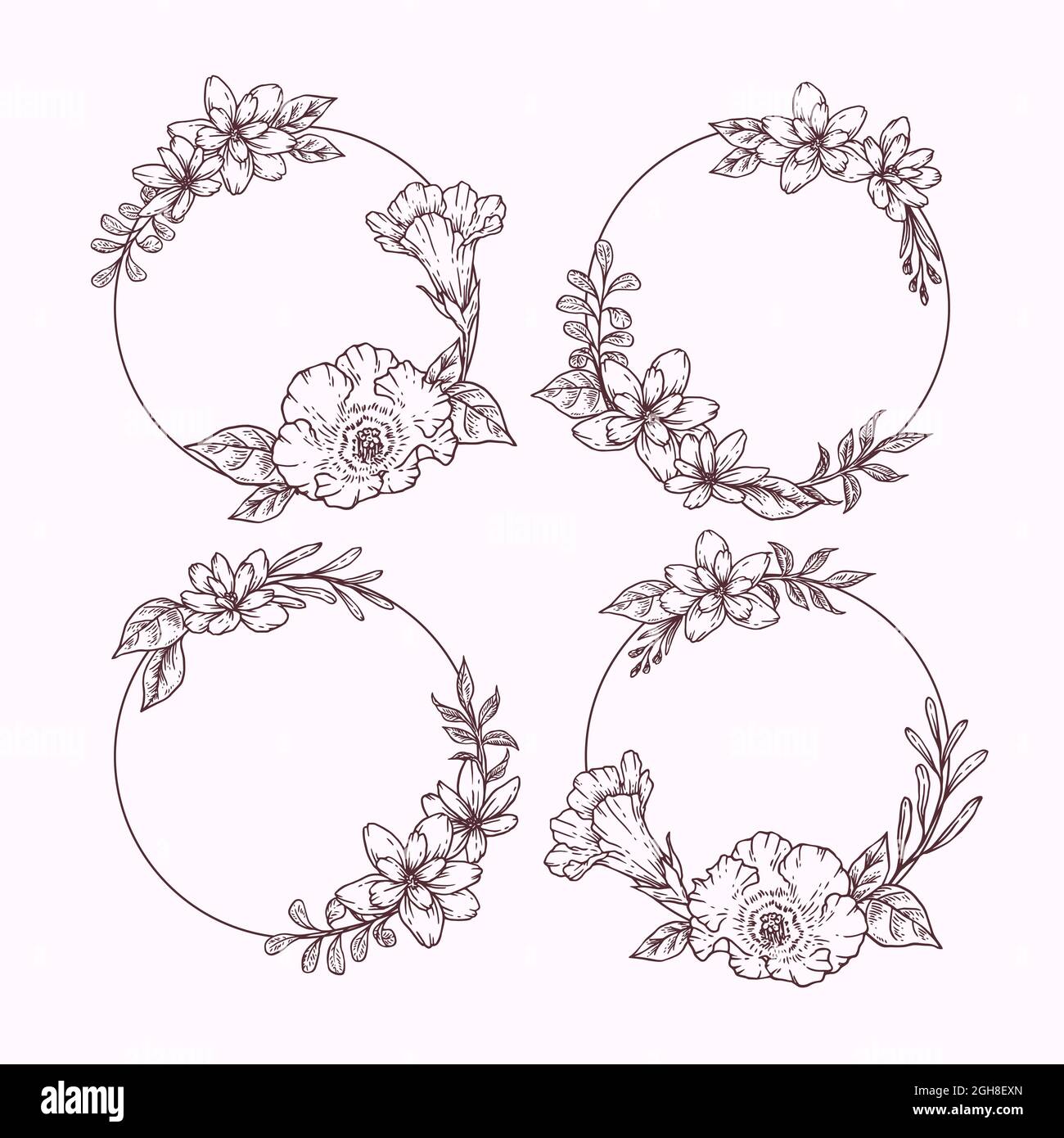 Engraving hand drawn floral wreaths set Vector illustration Stock ...