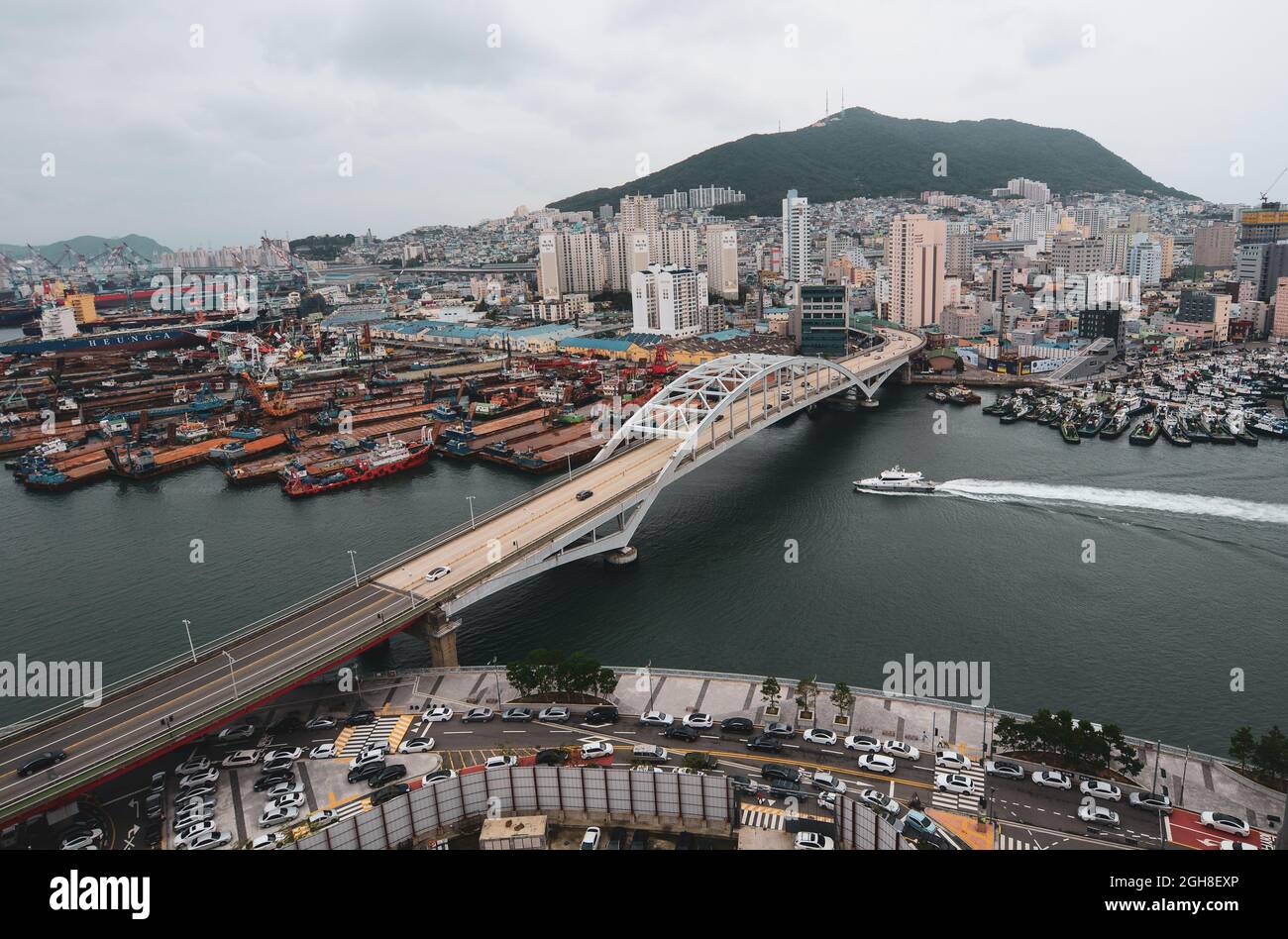 Busan, South Korea - Sep 18, 2016. Aerial view of downtown on coast in ...