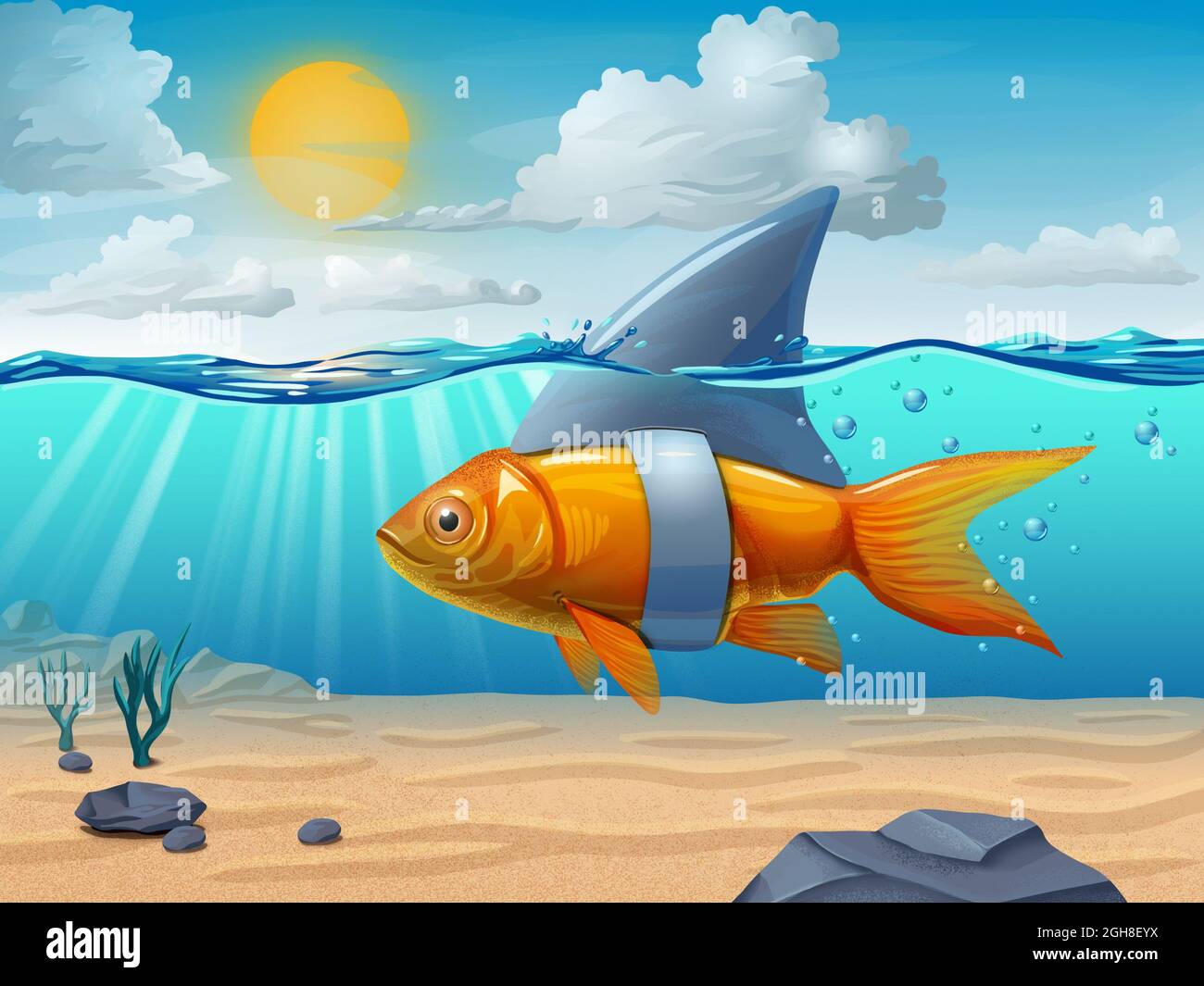 Golden fish wearing a shark fin. Digital illustration Stock Photo - Alamy