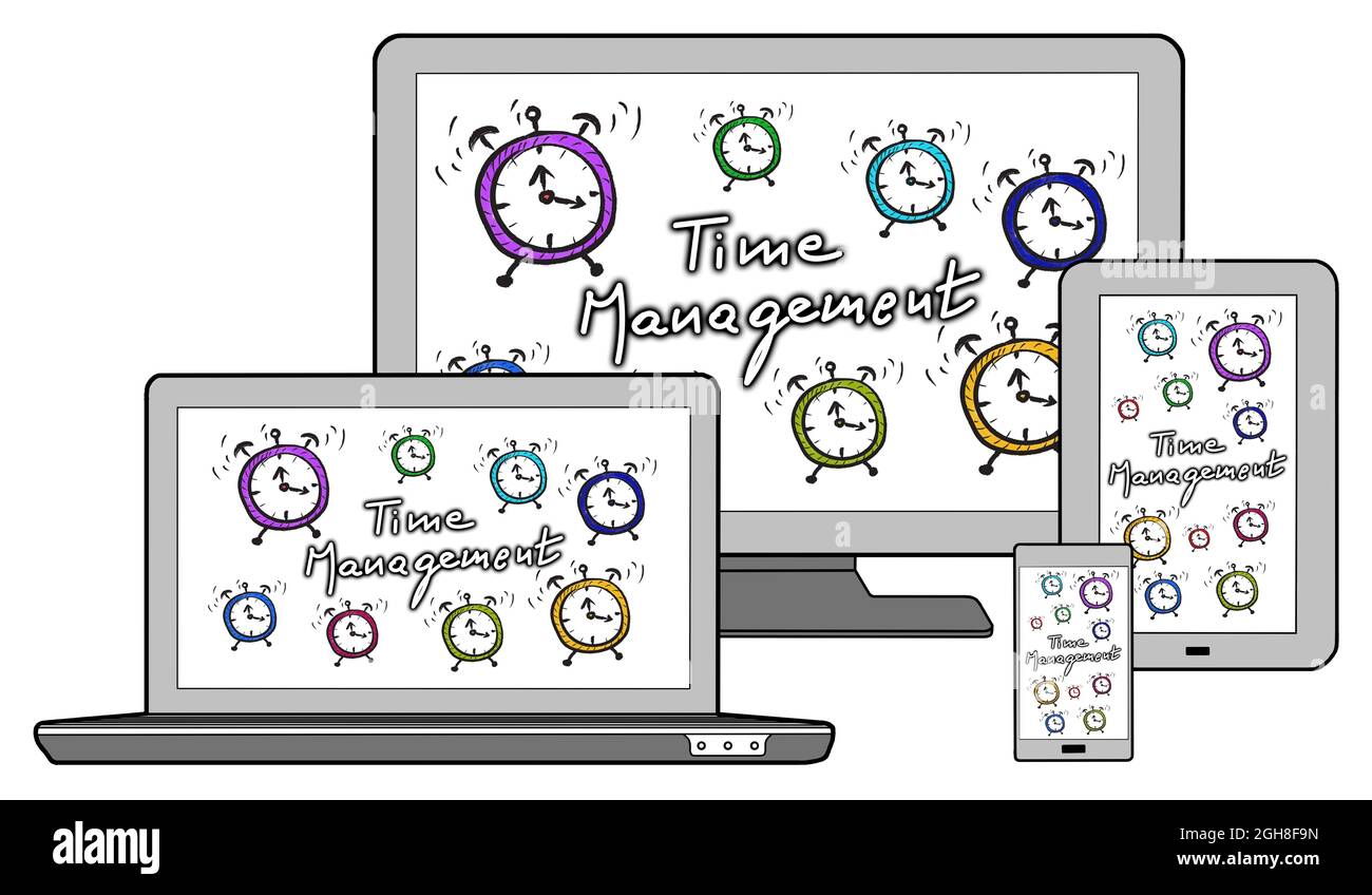 Time management concept on different devices, isolated on white Stock ...