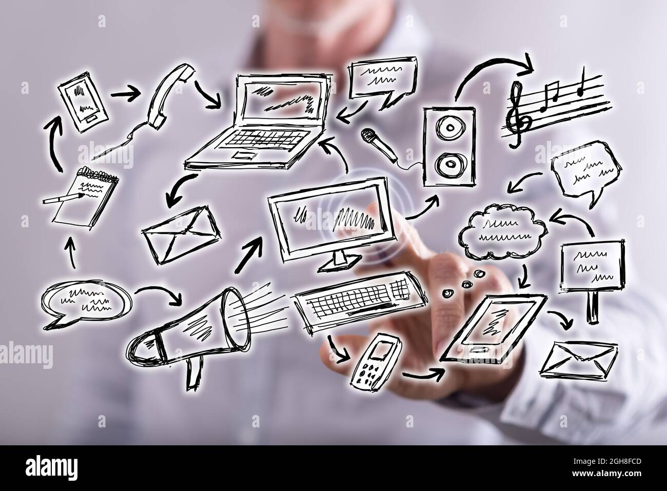 Man touching a communication concept on a touch screen with his finger ...