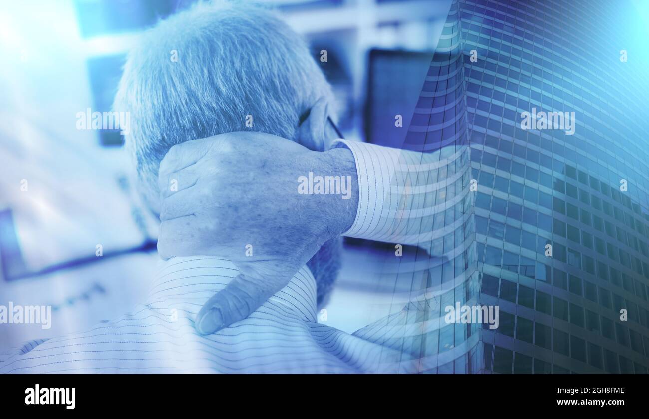 Businessman suffering from neck pain at office; multiple exposure Stock ...