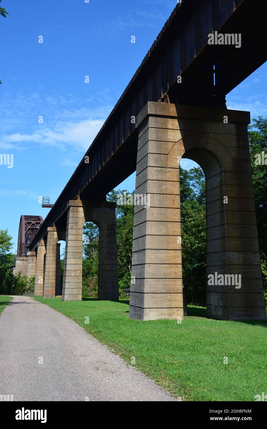 Railroad trestle leading to the bridge over the Ohio River in the small ...