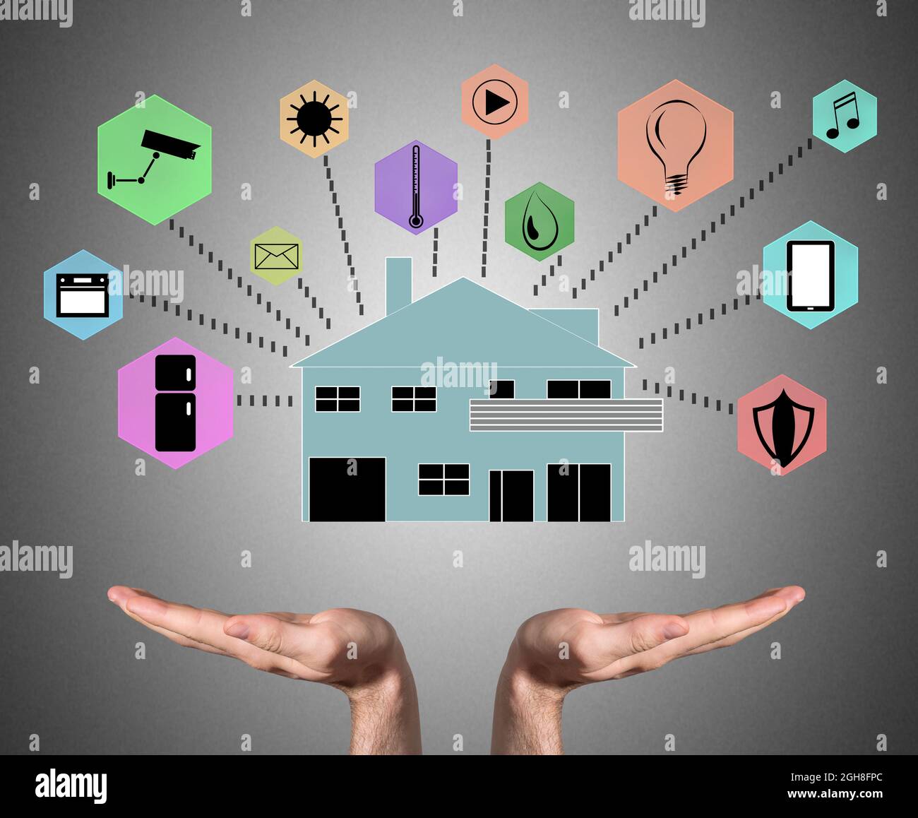 Open hands sustaining smart home automation concept Stock Photo - Alamy