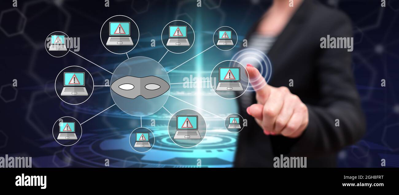 Woman touching a cyber attack concept on a touch screen with her finger ...