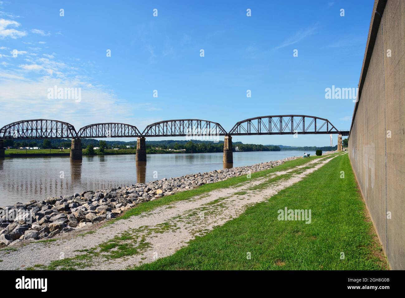 The railroad bridge and Ohio River flood wall in the small town of ...