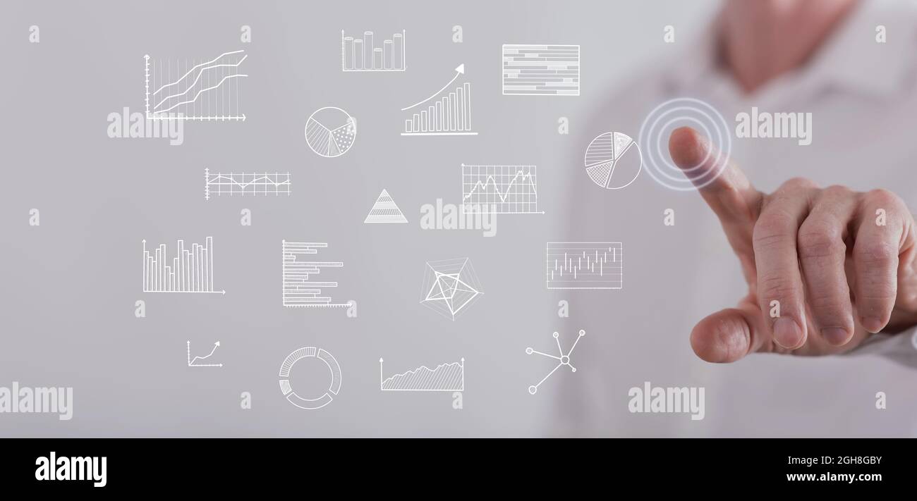 Man touching business charts on a touch screen with his finger Stock ...