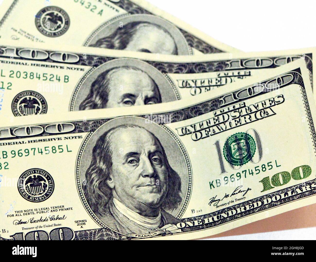 stack of 100 one hundred dollars bill banknote series 2006 with the portrait of president ...