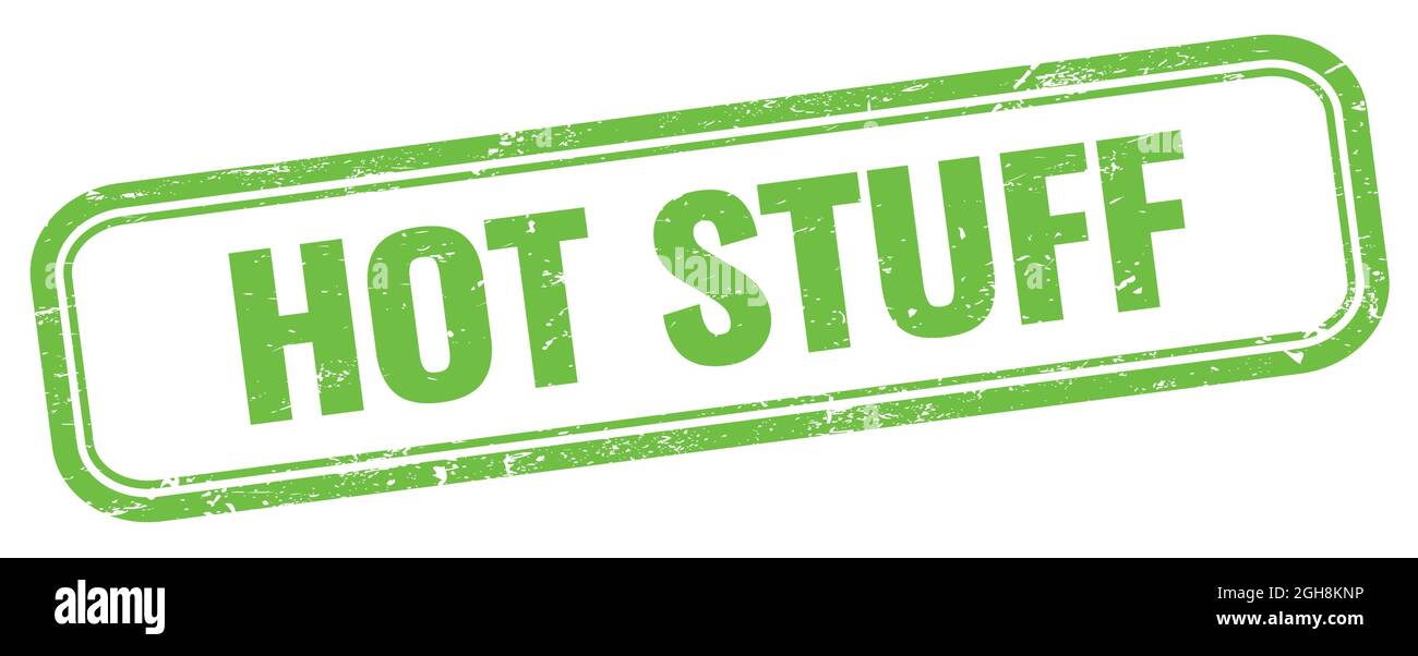 HOT STUFF text on green grungy vintage rectangle stamp Stock Photo - Alamy
