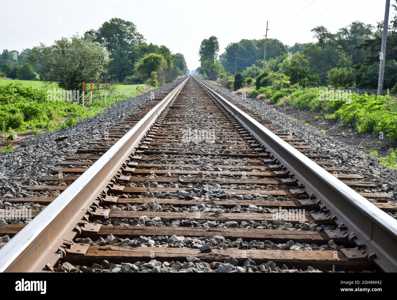 Low angle view of empty steel railroad train tracks Stock Photo - Alamy
