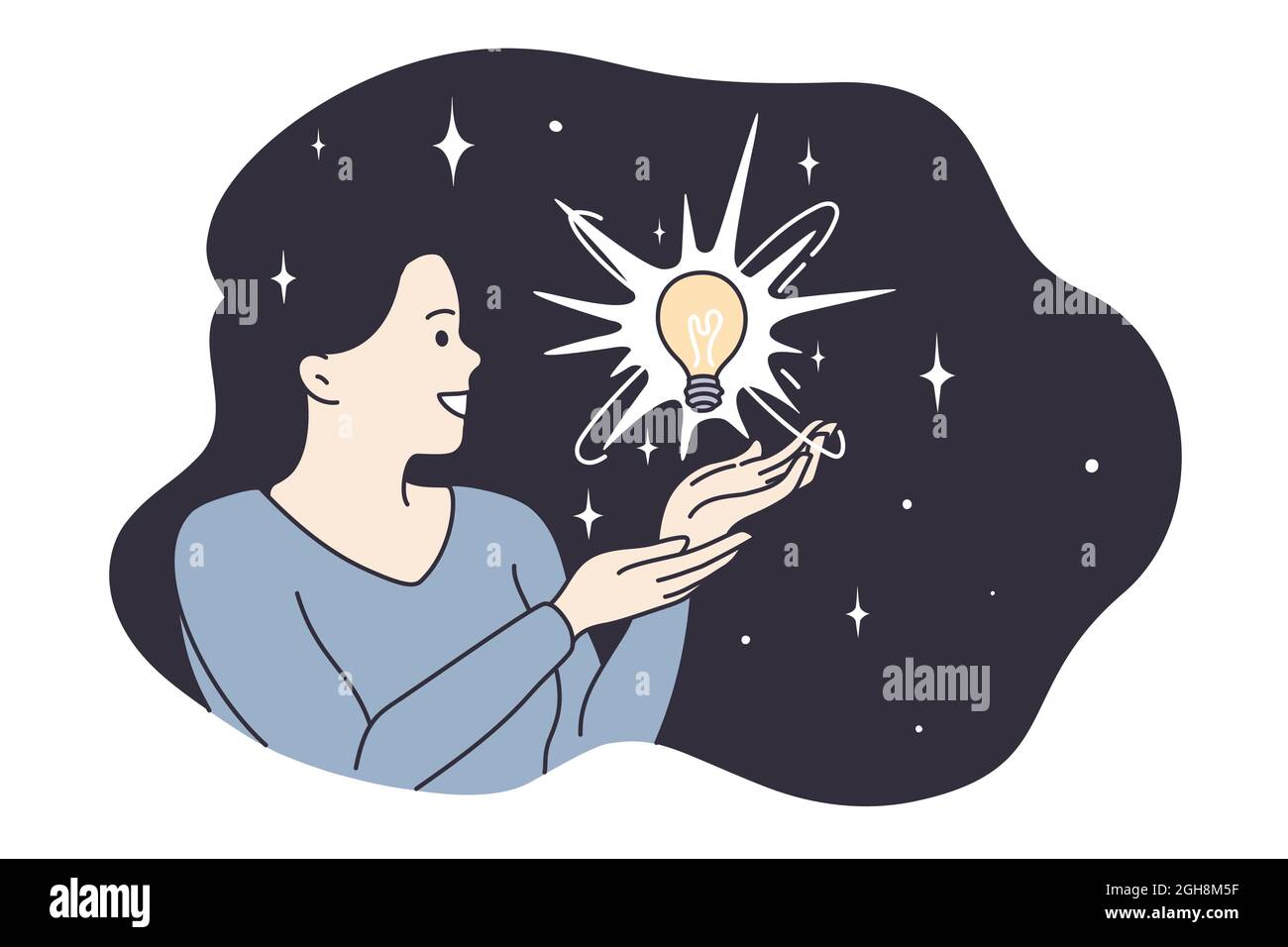 Enlightenment, harmony, having great idea concept. Young smiling woman ...