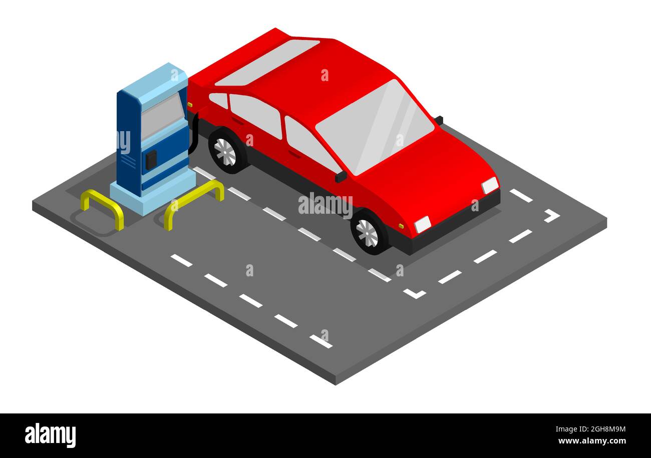 Isometric illustration. Red passenger car refueling at gas station. Use ...