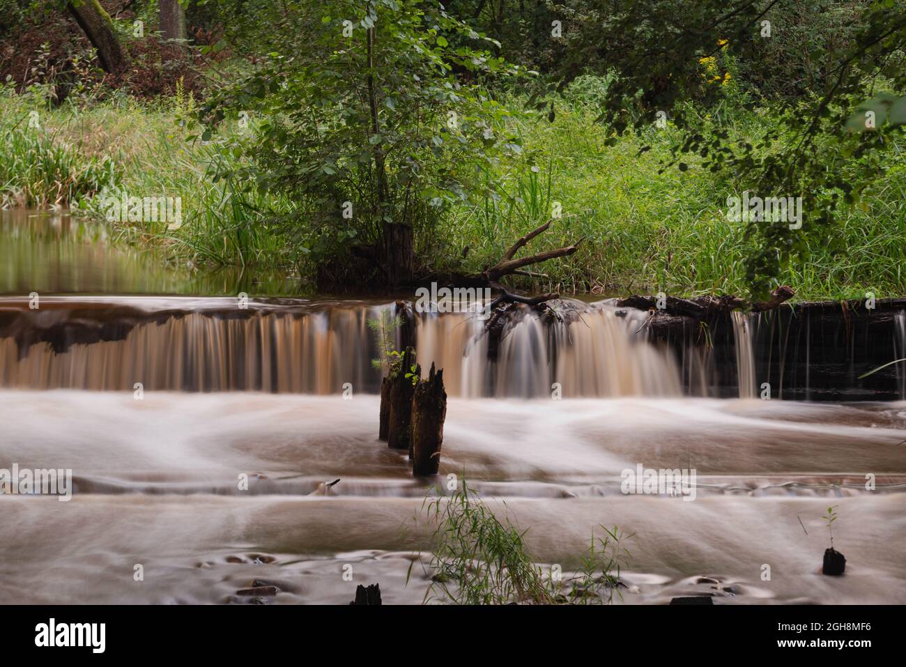 A small, narrow, lowland river. There is a sill across the river ...