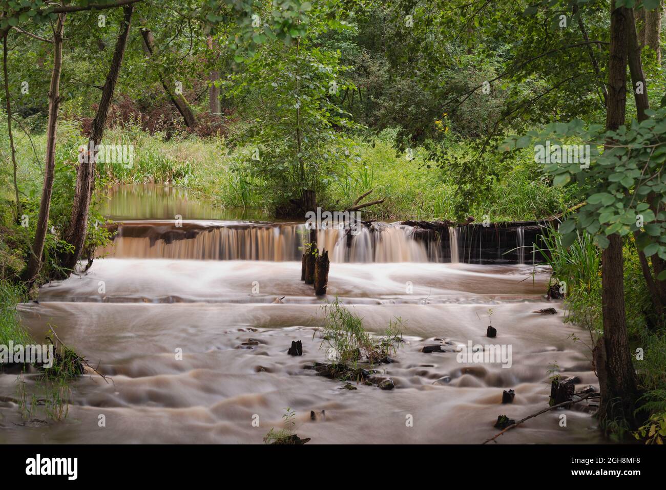A small, narrow, lowland river. There is a sill across the river ...