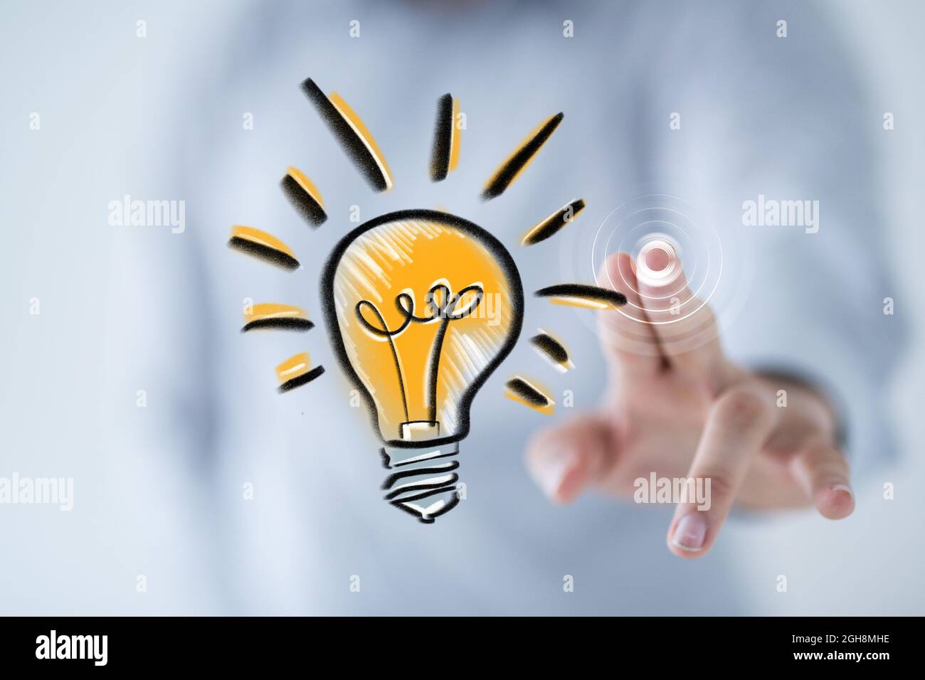 Illustrated light bulbs and a hand touching the transparent glass Stock ...