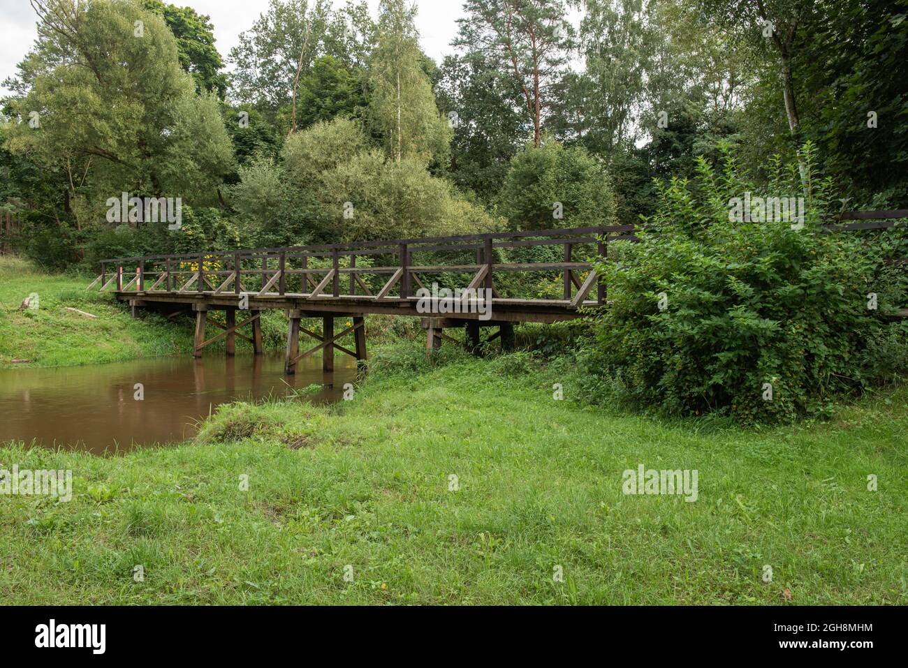 A wooden footbridge over the river flowing through the forest Stock ...