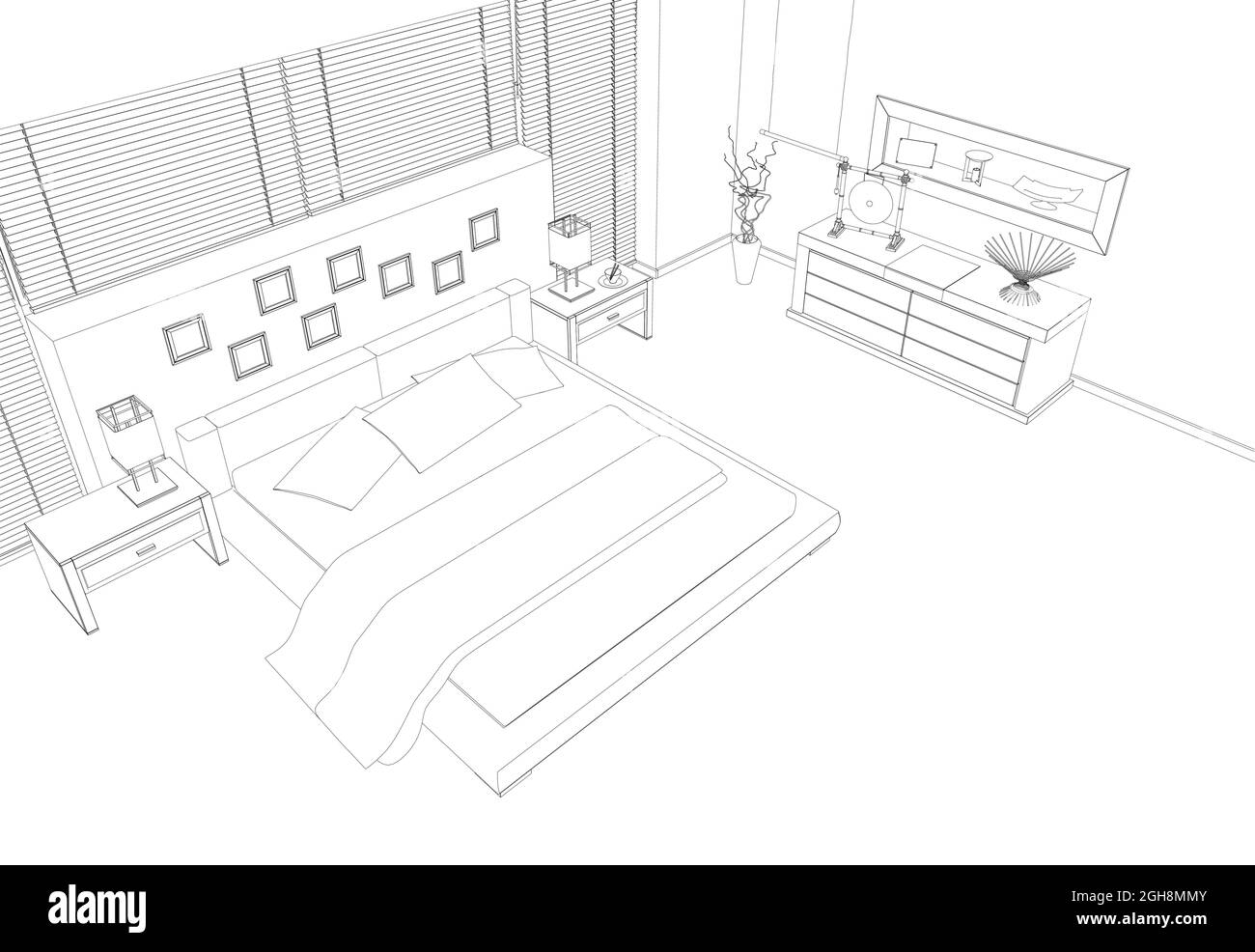 Contour of a bedroom from black lines isolated on a white background ...