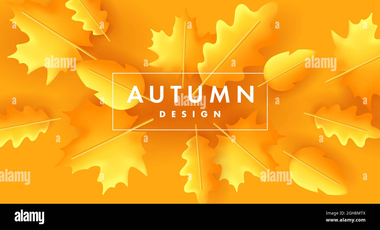 Autumn yellow background with 3d illustration of different fall leaves ...