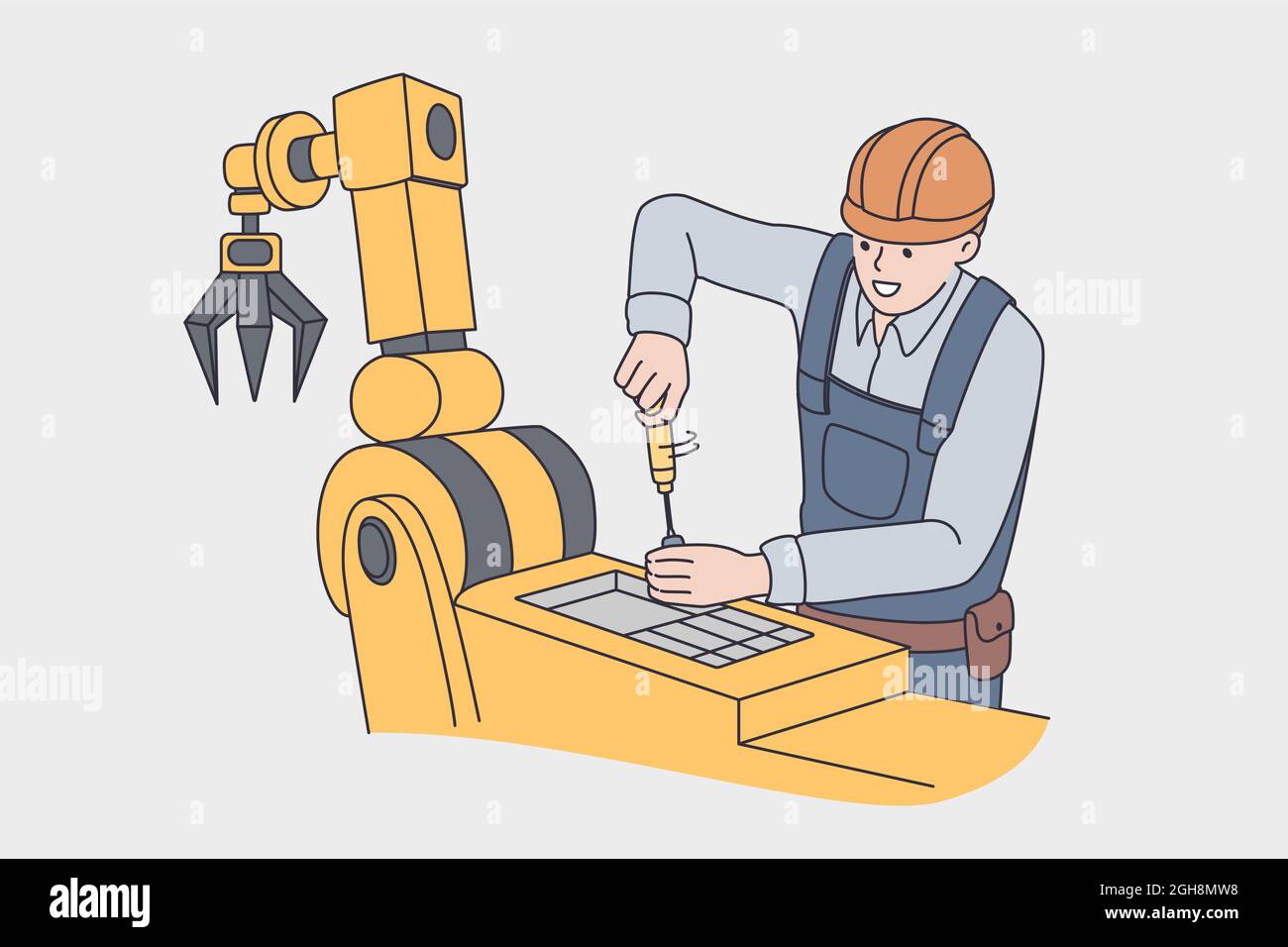 Working on production factory concept. Young man worker in uniform and ...